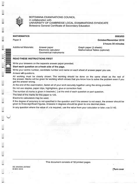 Mathematics Bgcse Pp3 2010 Pdf