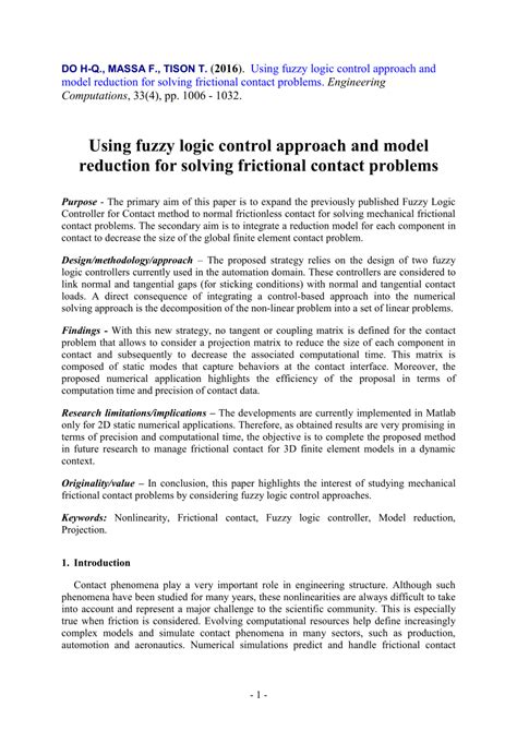 Pdf Using Fuzzy Logic Control Approach And Model Reduction For