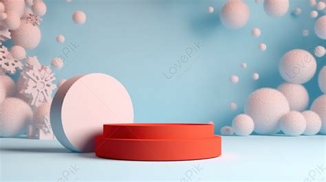 추상적인 빨간색과 파란색 액센트 겨울 원더랜드의 축제 분위기 매력적인 크리스마스 눈송이로 장식된 멋진 3d 연단으로 새해를 축하하세요 리스 배경 연단 배경 원더