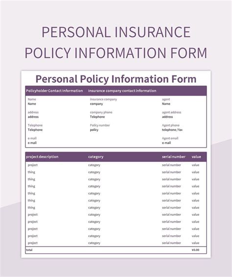 Insurance Policy Summary Table Excel Template And Google Sheets File For Free Download Slidesdocs