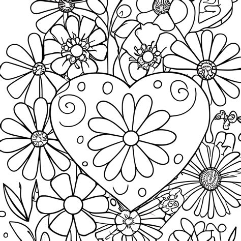 Hearts And Flowers Coloring Page · Creative Fabrica