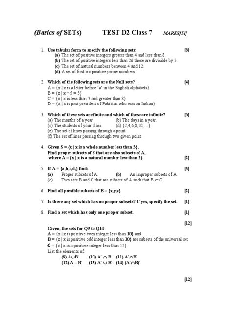 Basics Of Sets Test D2 Class 7 Marks Pdf Numbers Algebra