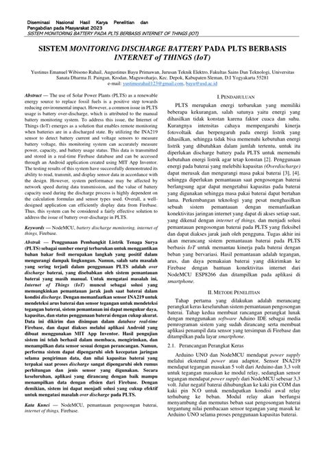 Pdf Sistem Monitoring Discharge Battery Pada Plts Berbasis Internet Of Things Iot