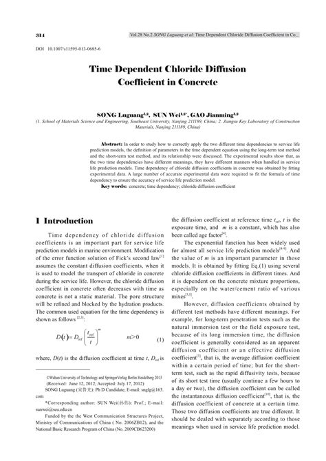 Pdf Time Dependent Chloride Diffusion Coefficient In Concrete