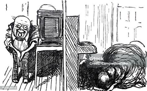 영국 풍자 만화 캐리커처 일러스트레이션 벽 뒤에 있는 남자로부터 나오는 소음의 원천을 위해 피아노 아래를 바라보는 여성 1869