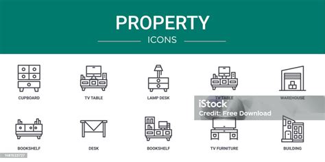 찬장 Tv 테이블 램프 책상 Tv 테이블 창고 책장 보고서 프리젠 테이션 다이어그램 웹 디자인 모바일 앱을위한 책상 벡터 아이콘과 같은 10 개의 개요 웹 속성 아이콘 세트