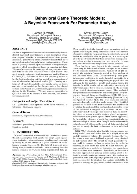 Pdf Behavioral Game Theoretic Models A Bayesian Framework For Parameter Analysis