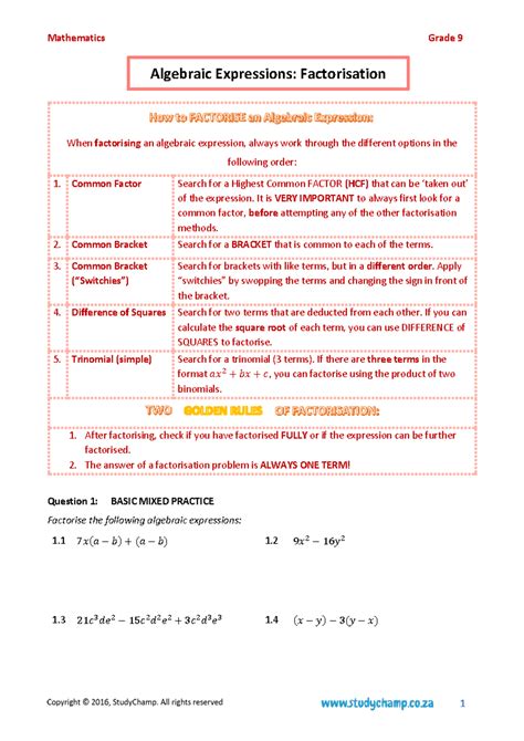 Gr9 Maths Ws Factorisation When Factorising An Algebraic Expression Always Work Through The