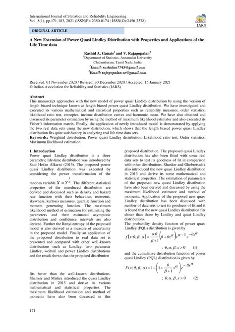 Pdf A New Extension Of Power Quasi Lindley Distribution With Properties And Applications Of