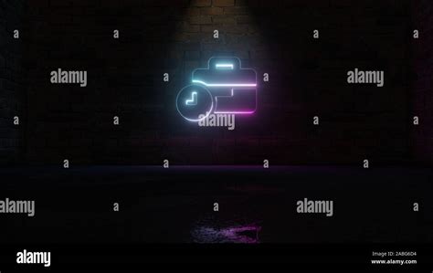 3d Rendering Of Blue Violet Neon Symbol Of Business Time On Dark Brick Wall Background With Wet