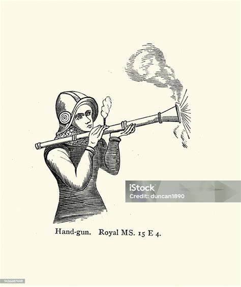 초기 형태의 권총을 발사하는 군인 역사 중세 전쟁과 무기 중세에 대한 스톡 벡터 아트 및 기타 이미지 중세 총 갑옷 Istock