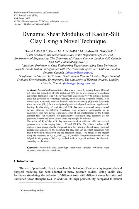 Pdf Dynamic Shear Modulus Of Kaolin Silt Clay Using A Novel Technique