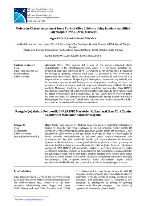 Pdf Molecular Characterization Of Some Turkish Olive Cultivars Using Random Amplified