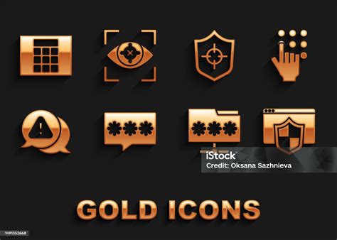 비밀번호 보호 방패가 있는 브라우저 폴더 비밀번호 삼각형 안의 느낌표 방패 및 눈 스캔 아이콘을 설정합니다 벡터 건강관리와 의술에 대한 스톡 벡터 아트 및 기타 이미지