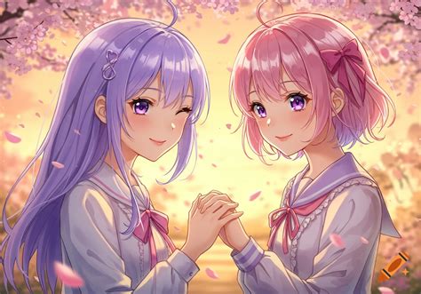 Two Anime Girls One With Pink Hair And A Green Sweater The Other With