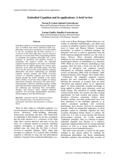 Pdf Embodied Cognition And Its Applications A Brief Review