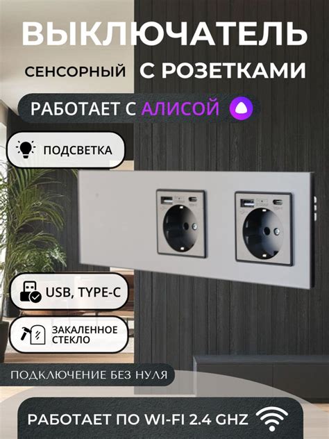 Умный выключатель с Алисой Wi Fi сенсорный 2 клавиши с 2 розетками Usb Type C серый купить на