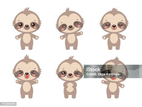 만화 나무 늘보 카와이 스타일 이모티콘 아기 나무 늘보 캐릭터는 다양한 감정을 설정합니다 나무늘보에 대한 스톡 벡터 아트 및 기타 이미지 Istock