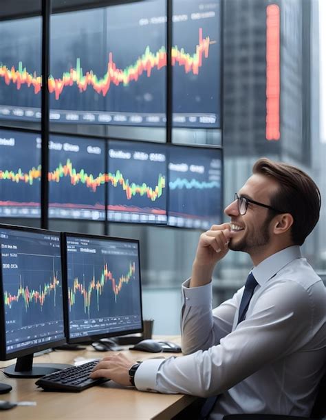 a man sits at a desk with a computer screen showing a graph showing the financial graph
