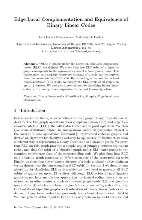 Pdf Edge Local Complementation And Equivalence Of Binary Linear Codes