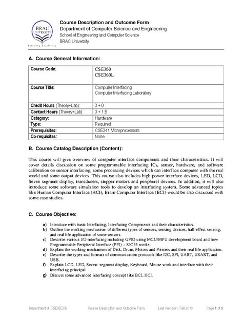 Cse360 Computer Interfacing Online Syllabus Course Description And Outcome Form Department