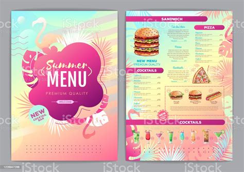 형광 열대 잎과 플라밍고 레스토랑 여름 열대 그라데이션 메뉴 디자인 패스트푸드 메뉴 건강에 좋지 않은 음식에 대한 스톡 벡터 아트 및 기타 이미지 건강에 좋지 않은 음식