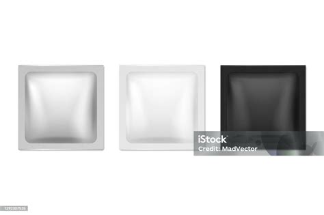 벡터 3d 사실적 사각형 호일 흰색 흰색 검은 긴 빈 포장 세트 흰색에 격리 마약 커피 소금 설탕 후추 향신료 봉지 콘돔 포장지 모형을 위한 디자인 템플릿입니다 맨 위 보기