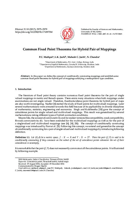 Pdf Common Fixed Point Theorems For Hybrid Pair Of Mappings