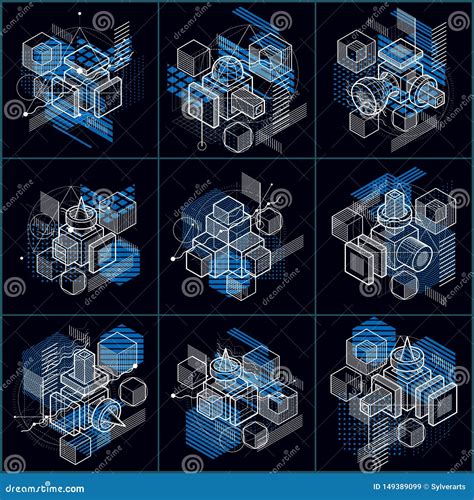 Abstract 3d Shapes Compositions Vector Isometric Backgrounds Compositions Of Cubes Hexagons