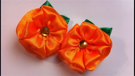 Украшение на резинку Канзаши Оранжевый цветок из четырех лепестков Youtube