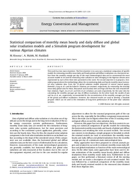 Pdf Statistical Comparison Of Monthly Mean Hourly And Daily Diffuse And Global Solar