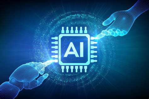 인공지능 Ai 로의 손과 인간의 손이 만지는 인공 지능 아이콘 프리미엄 벡터