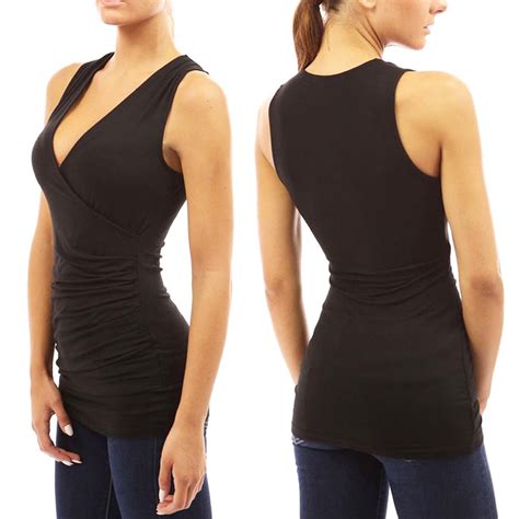 Womens Deep V Neck Sleeveless Fitted Blouse Shirt Top Evening Cocktail Tops New