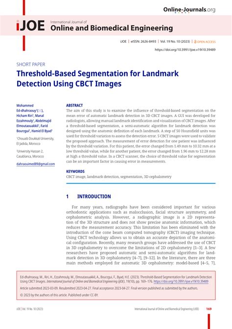 Pdf Threshold Based Segmentation For Landmark Detection Using Cbct Images
