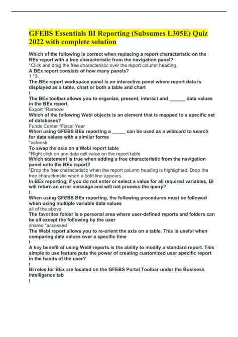 Gfebs Essentials Bi Reporting Subsumes L305e Quiz 2022 With Complete Solution Gfebs Stuvia Us