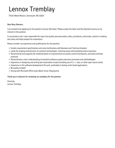 Junior QA Tester Cover Letter Velvet Jobs