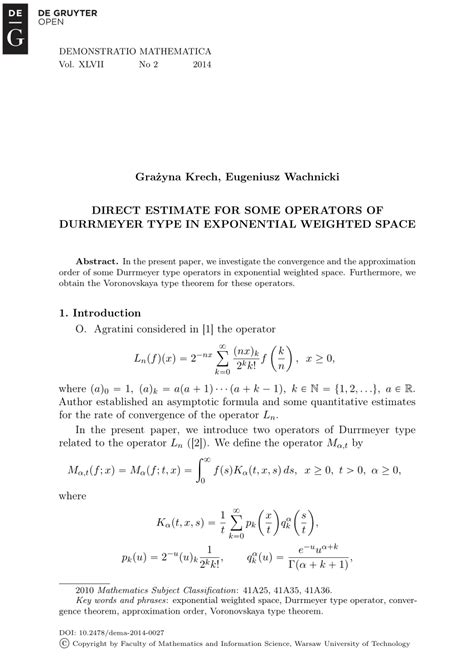 Pdf Direct Estimate For Some Operators Of Durrmeyer Type In Exponential Weighted Space