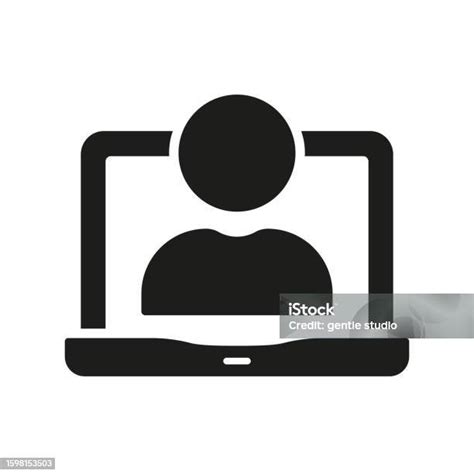 온라인 화상 회의 작업 회의 실루엣 아이콘 노트북에 있는 사람 원격 직원 글리프 픽토그램 가상 비즈니스 네트워크 솔리드 사인 컴퓨터 사용자 기호입니다 격리된 벡터 그림 0