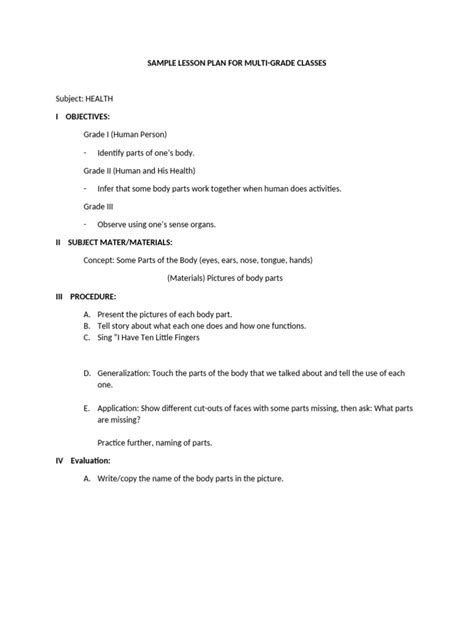 Sample Lesson Plan Of A Multigrade Class Pdf