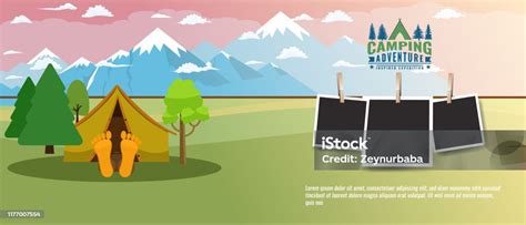캠핑 컨셉 플랫 수평 배너 사진 프레임 관광 광고 레이아웃입니다 벡터 일러스트레이션 광고에 대한 스톡 벡터 아트 및 기타 이미지