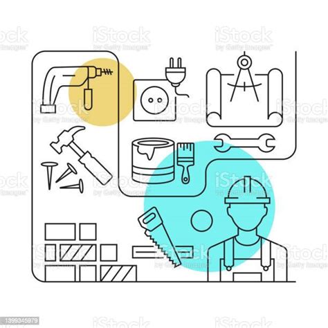 홈 리노베이션 관련 벡터 배너 디자인 컨셉 아이콘이 있는 모던 라인 스타일 집에 대한 스톡 벡터 아트 및 기타 이미지 집