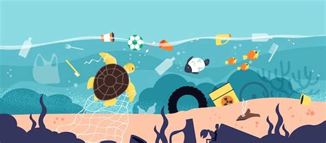 플라스틱 폐기물 부동 수중 벡터 일러스트와 함께 수질 오염 평면 개념 무료 벡터