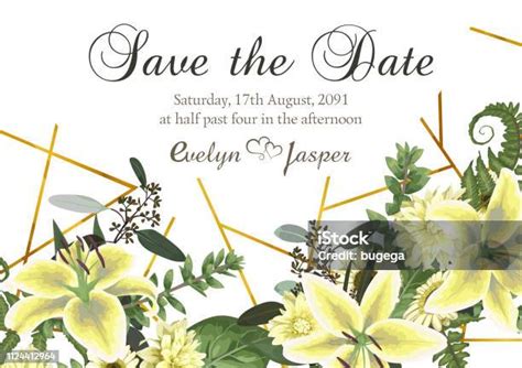 결혼식 꽃 초대 초대 카드 수채화 녹색 숲 잎 고 사리 가지 Buxus 유칼립투스 벡터 화이트 릴리 거 베라 달리아의 꽃입니다 흰색 배경에 가로 텍스트 0명에 대한 스톡