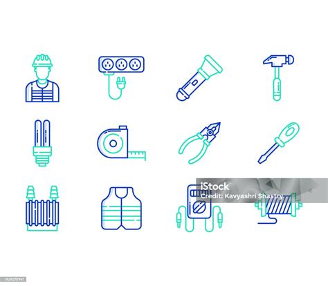 전기 및 전기 작업 요소 아이콘 세트 기술자에 대한 스톡 벡터 아트 및 기타 이미지 기술자 디자인 배터리 전원 Istock