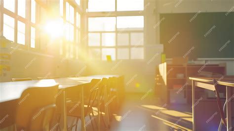Premium Photo Sunlit Classroom With Row Of Desks Generative Ai