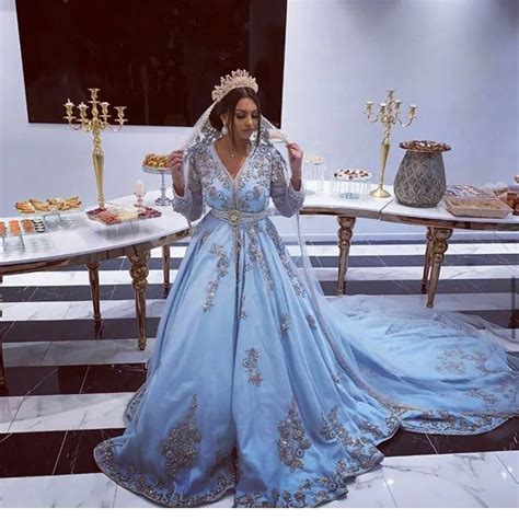 블루 모로코 Caftan 이브닝 드레스 V 넥 아플리케 어머니 드레스 아랍어 이슬람 특별한 날 드레스 파티 가운 이브닝