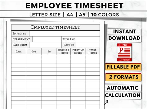 Employee Time Sheet Editable Timesheet Form Printable Timesheet