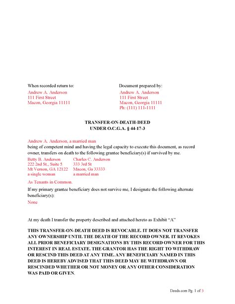 Muscogee County Transfer On Death Deed Form Georgia