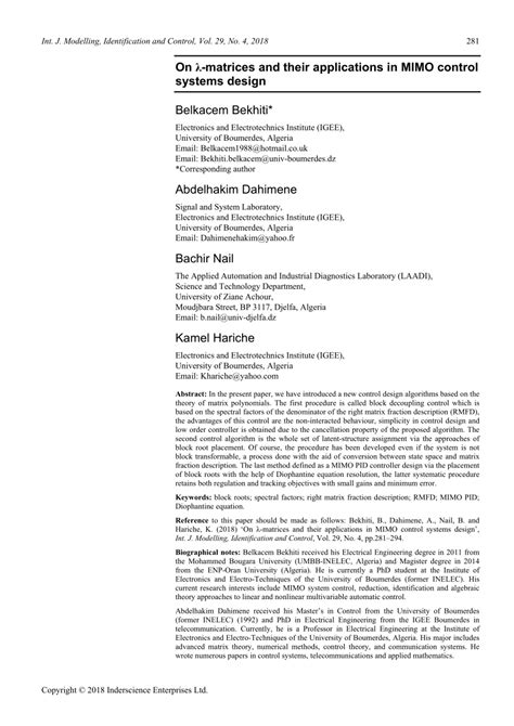 Pdf On λ Matrices And Their Applications In Mimo Control Systems Design