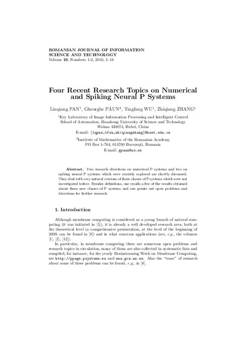Pdf Four Recent Research Topics On Numerical And Spiking Neural P Systems